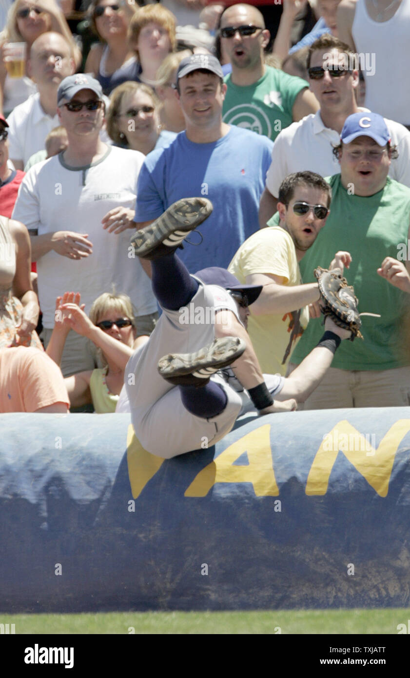 Clevelad Indians first baseman Ryan Garko makes a grab against the tarp ...