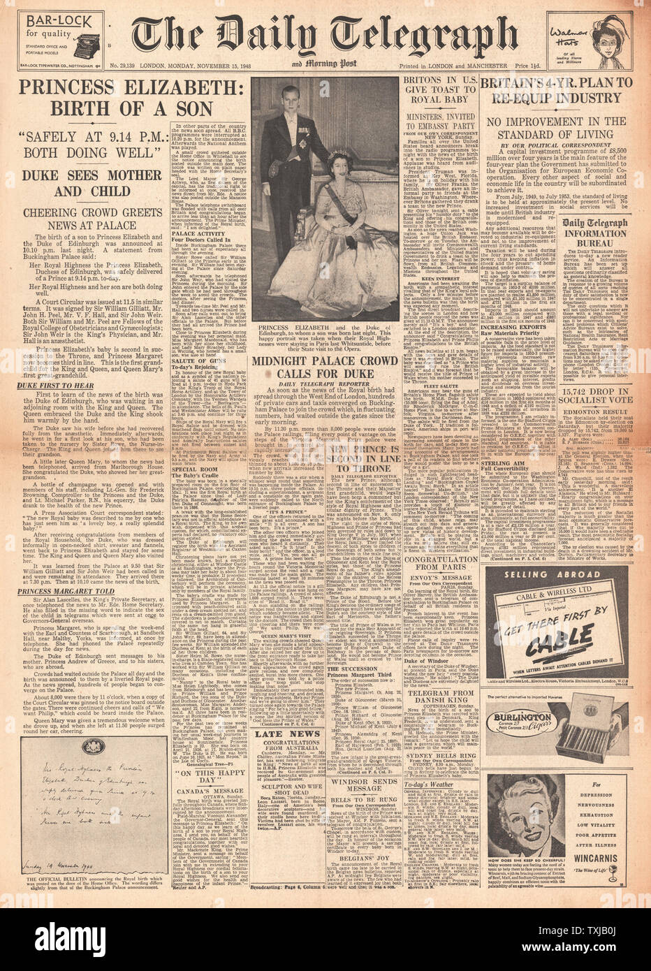 1948 Daily Telegraph newspaper front page Birth of Prince Charles Stock ...