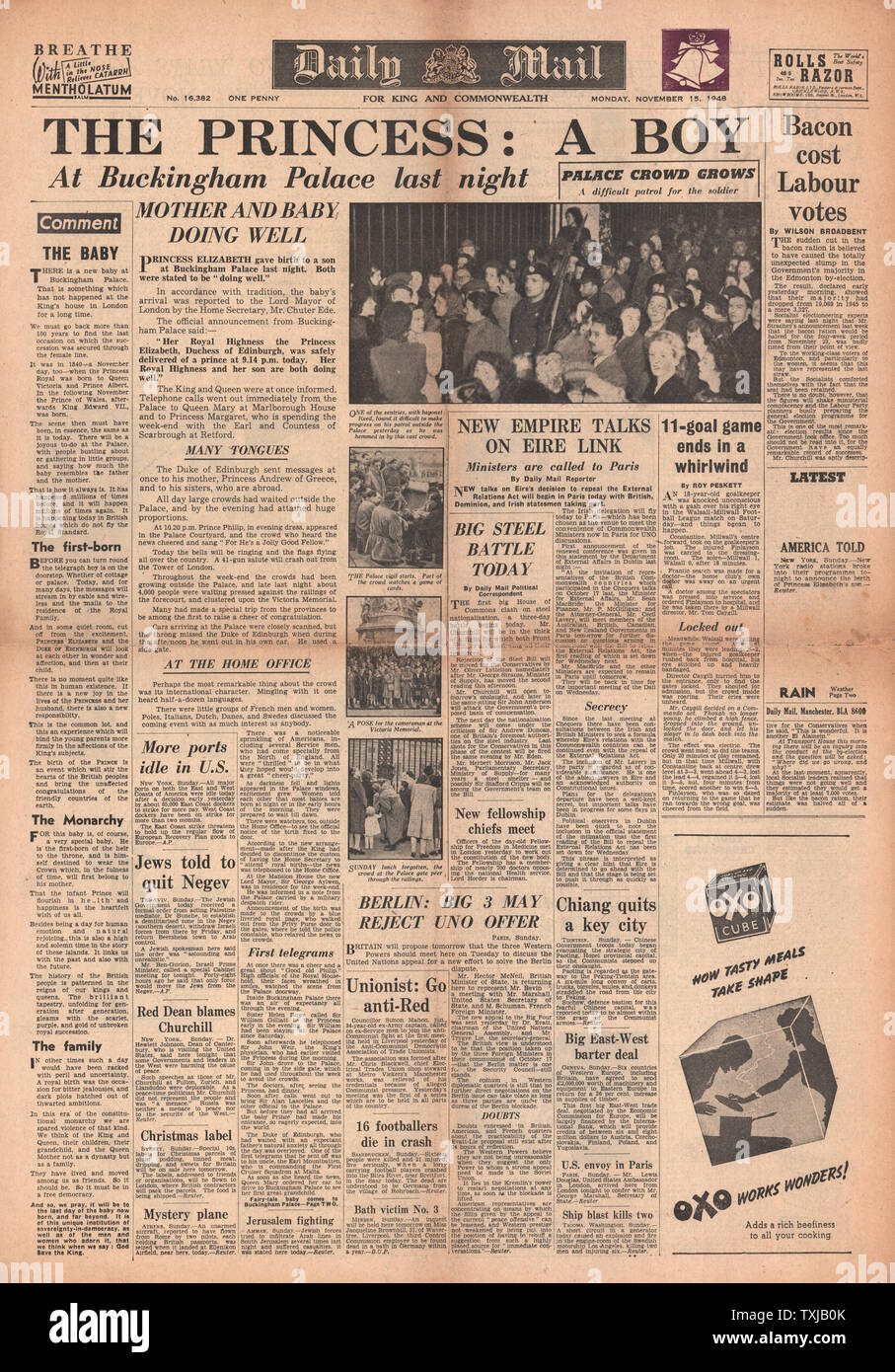 1948 Daily Mail newspaper front page Birth of Prince Charles Stock ...