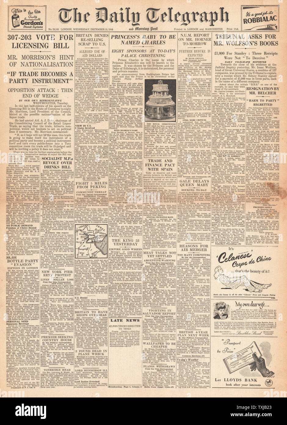 1948 Daily Telegraph newspaper front page Christening of Prince Charles ...