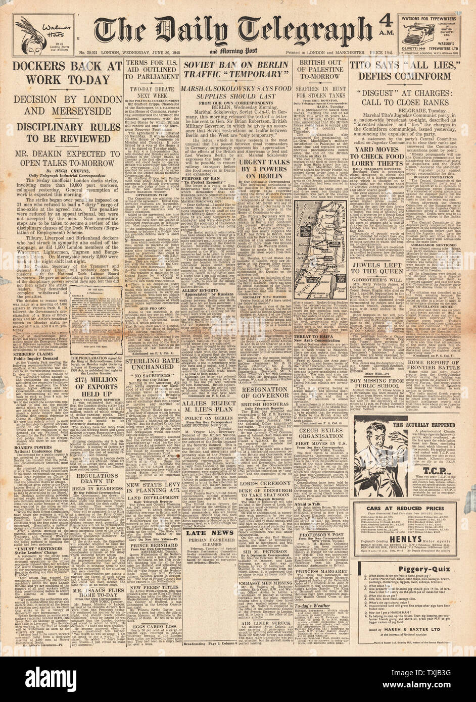 1948 Daily Telegraph newspaper front page Berlin Airlift Stock Photo ...