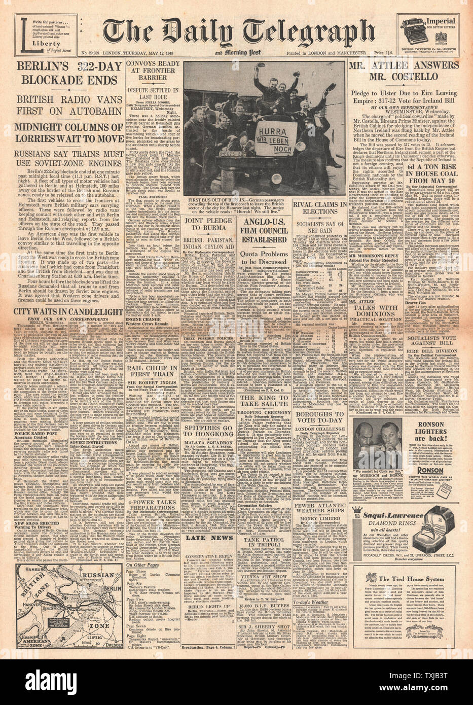 1949 Daily Telegraph newspaper front page Berlin Airlift Stock Photo ...