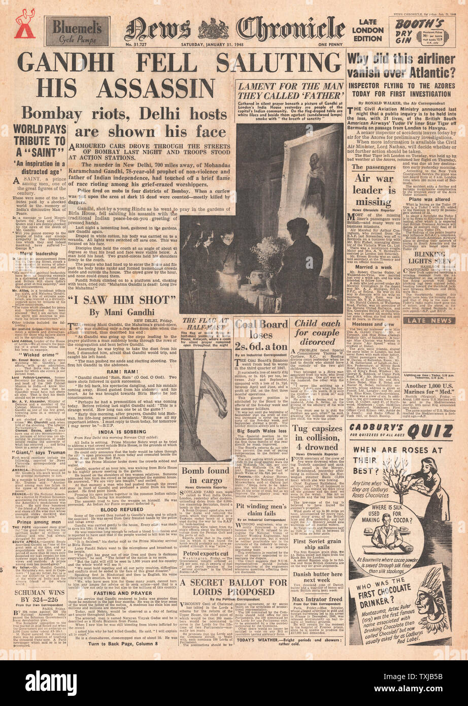 1948 News Chronicle newspaper front page Mahatma Ghandi Assassinated ...