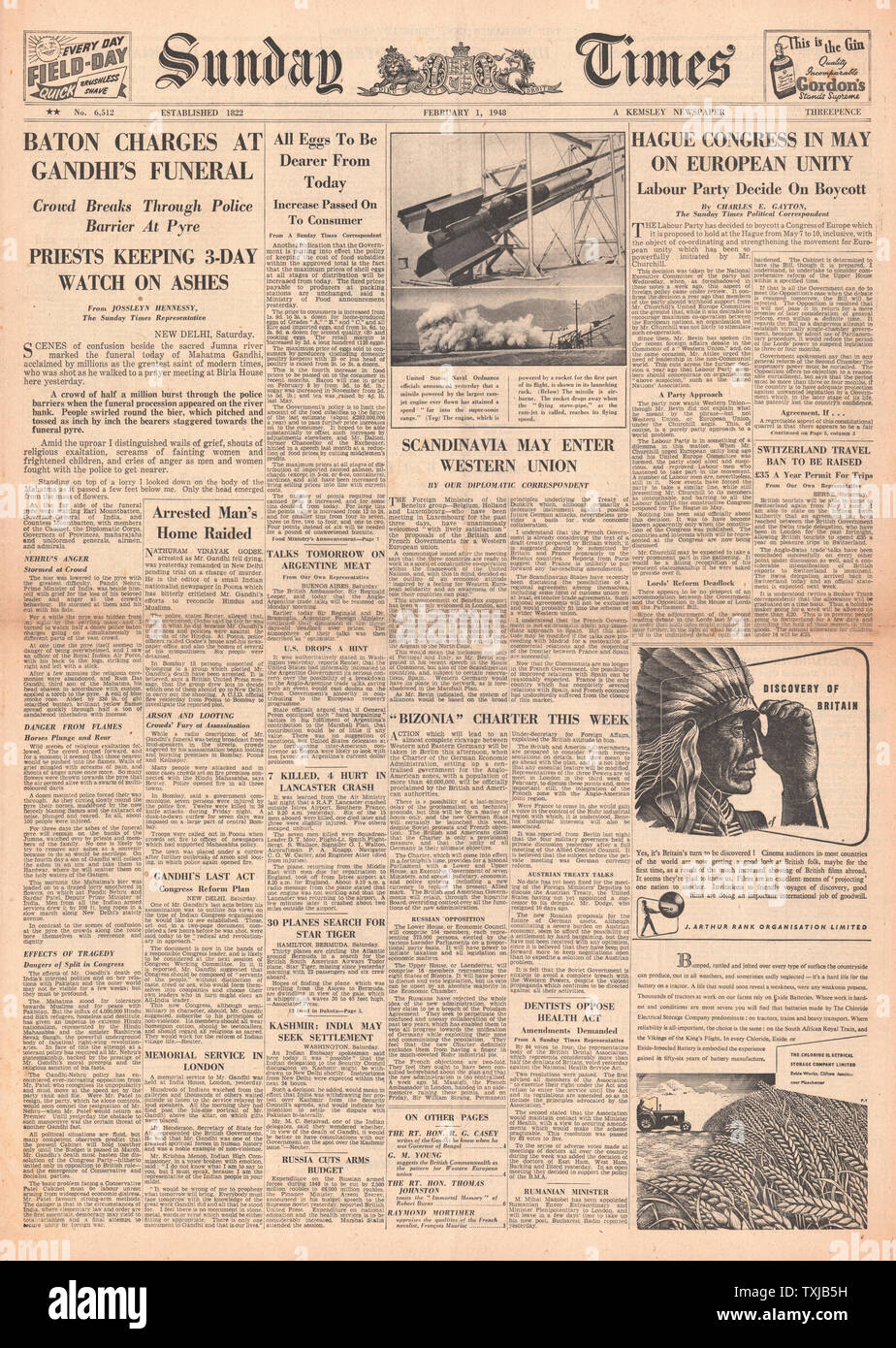 1948 Sunday Times newspaper front page Mahatma Ghandi Assassinated ...