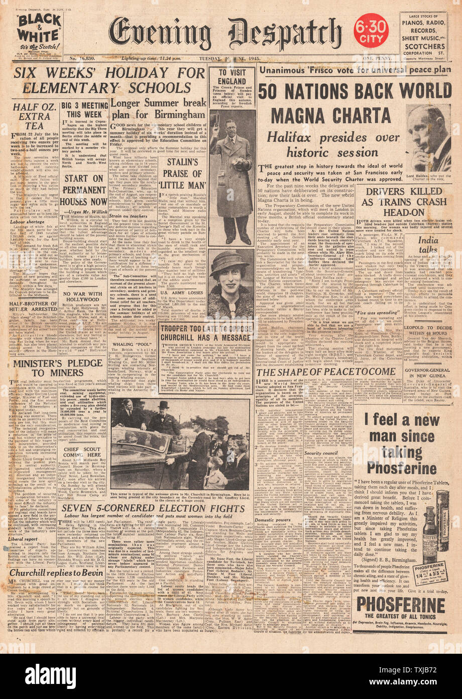 1945 Evening Dispatch newspaper front page Founding of the United ...