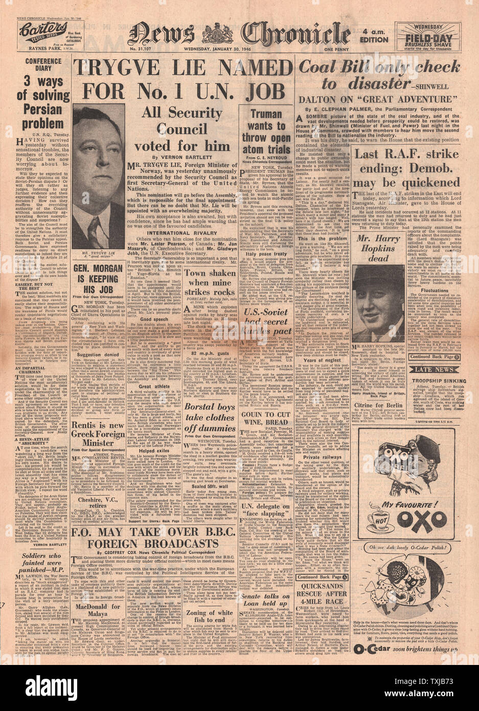 1946 News Chronicle newspaper front page Trygve Lie named UN Secretary General Stock Photo - Alamy