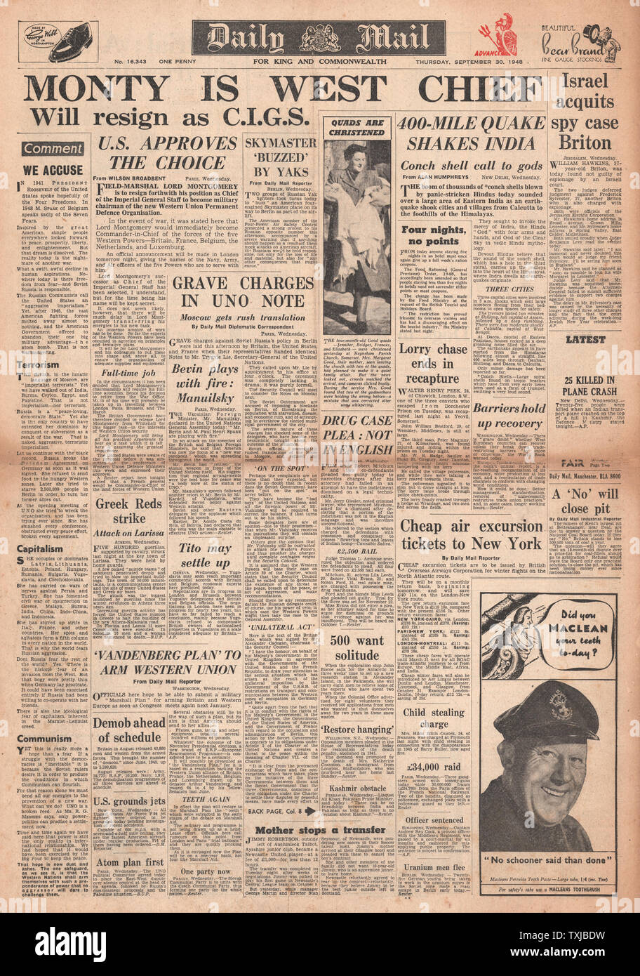 1948 Daily Mail newspaper front page Field Marshall Montgomery becomes ...