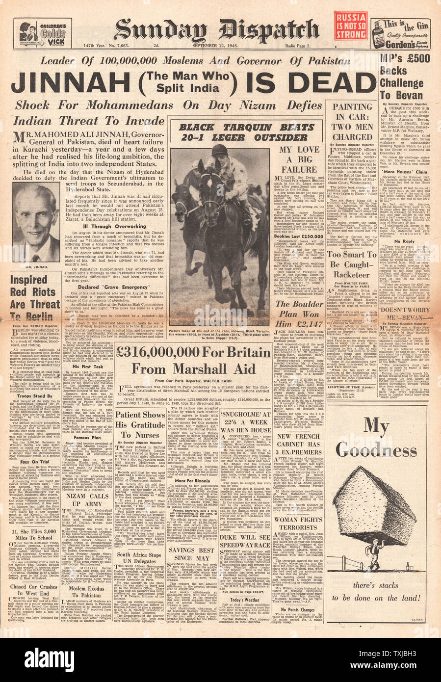 1948 Sunday Dispatch newspaper front page Death of Muhammad Jinnah ...