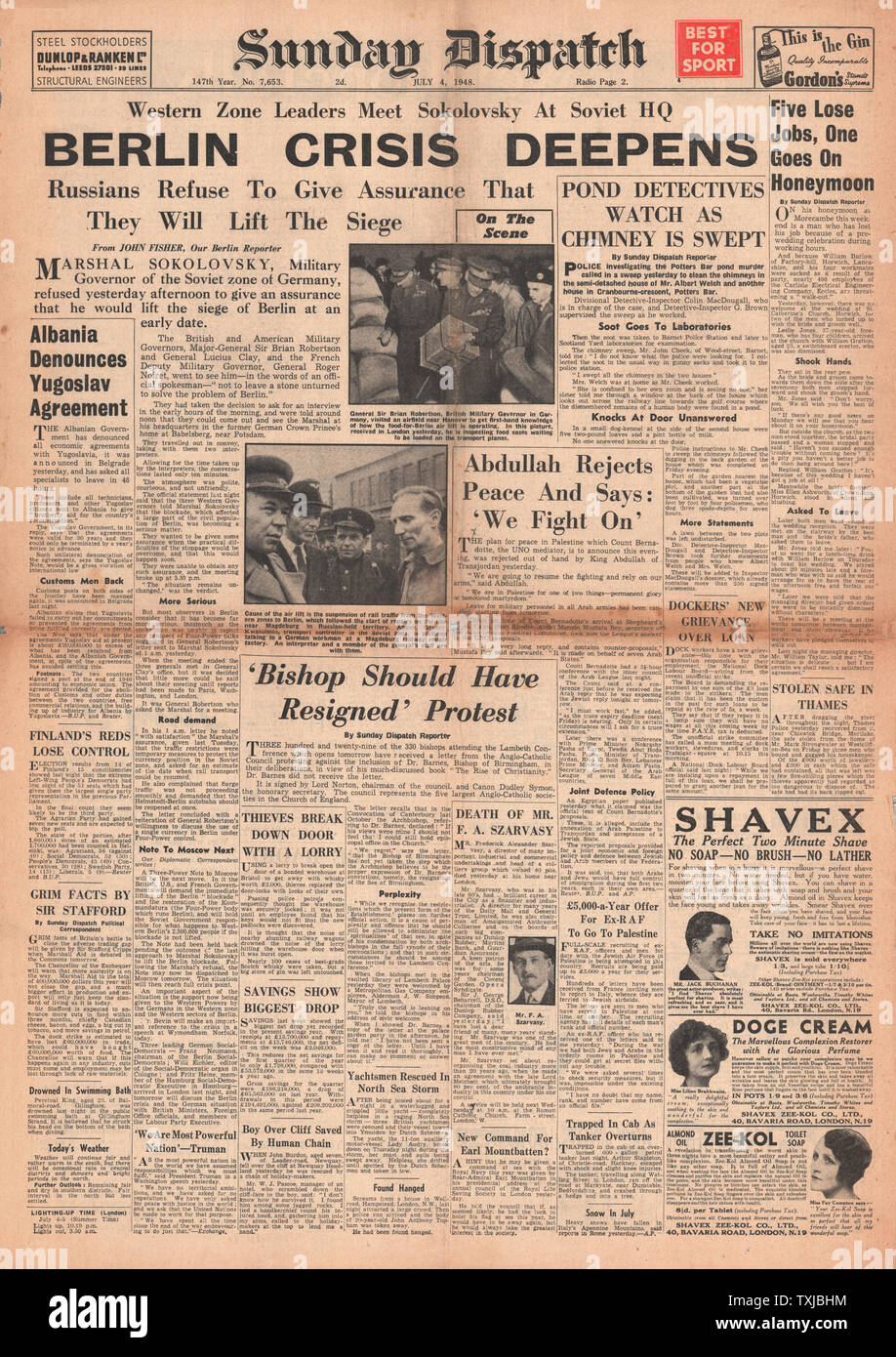 1948 Sunday Dispatch newspaper front page Berlin Airlift Stock Photo ...