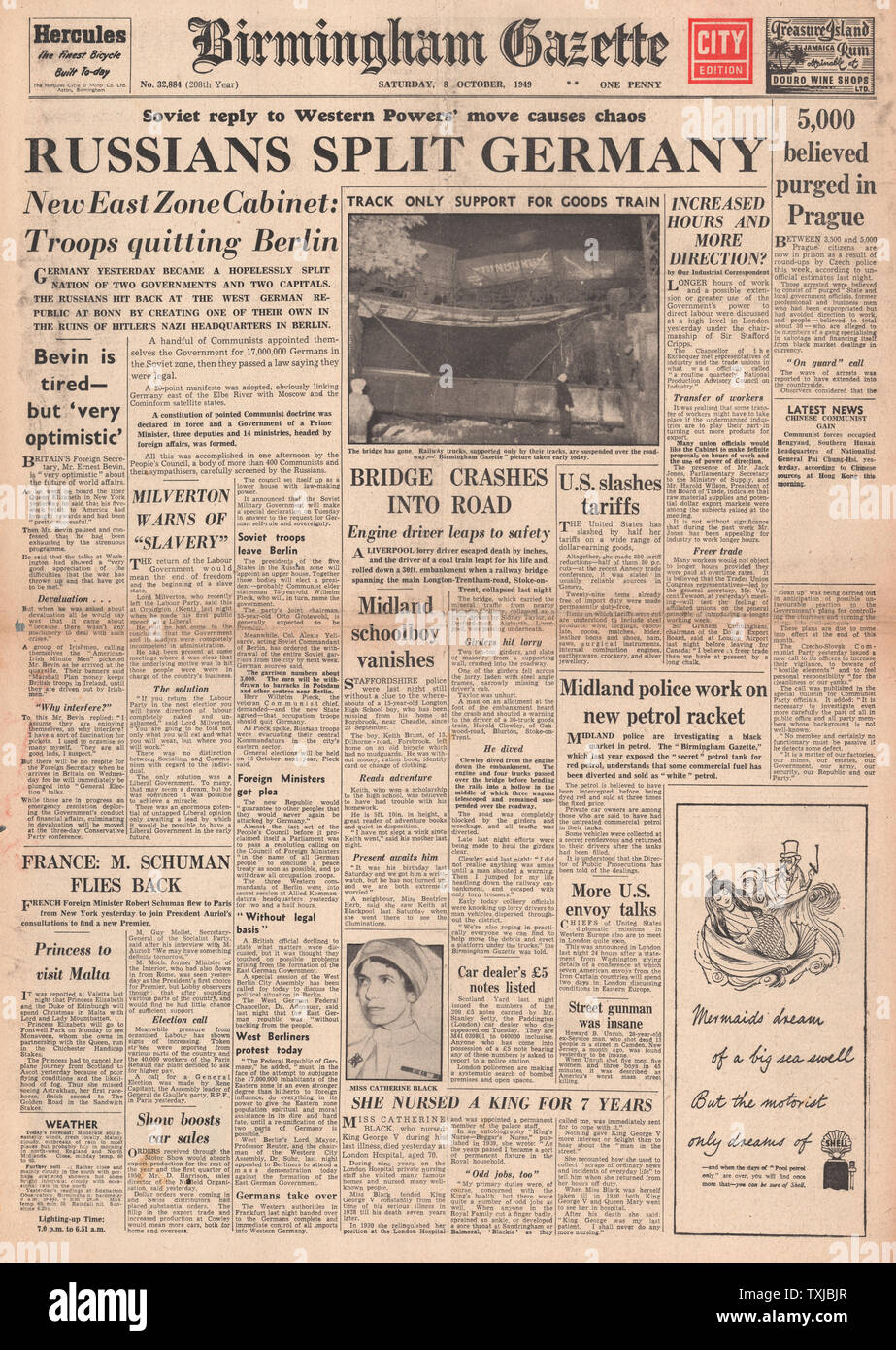 1949 Birmingham Gazette newspaper front page Germany split in two Stock ...