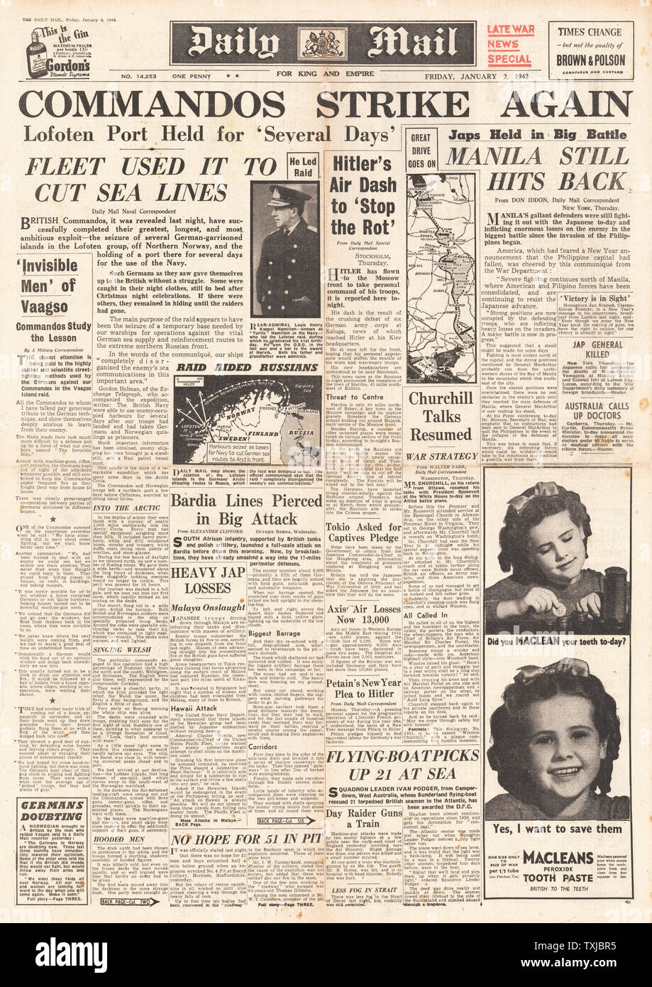 1942 daily mail british commandos raid the lofoten islands hi-res stock ...