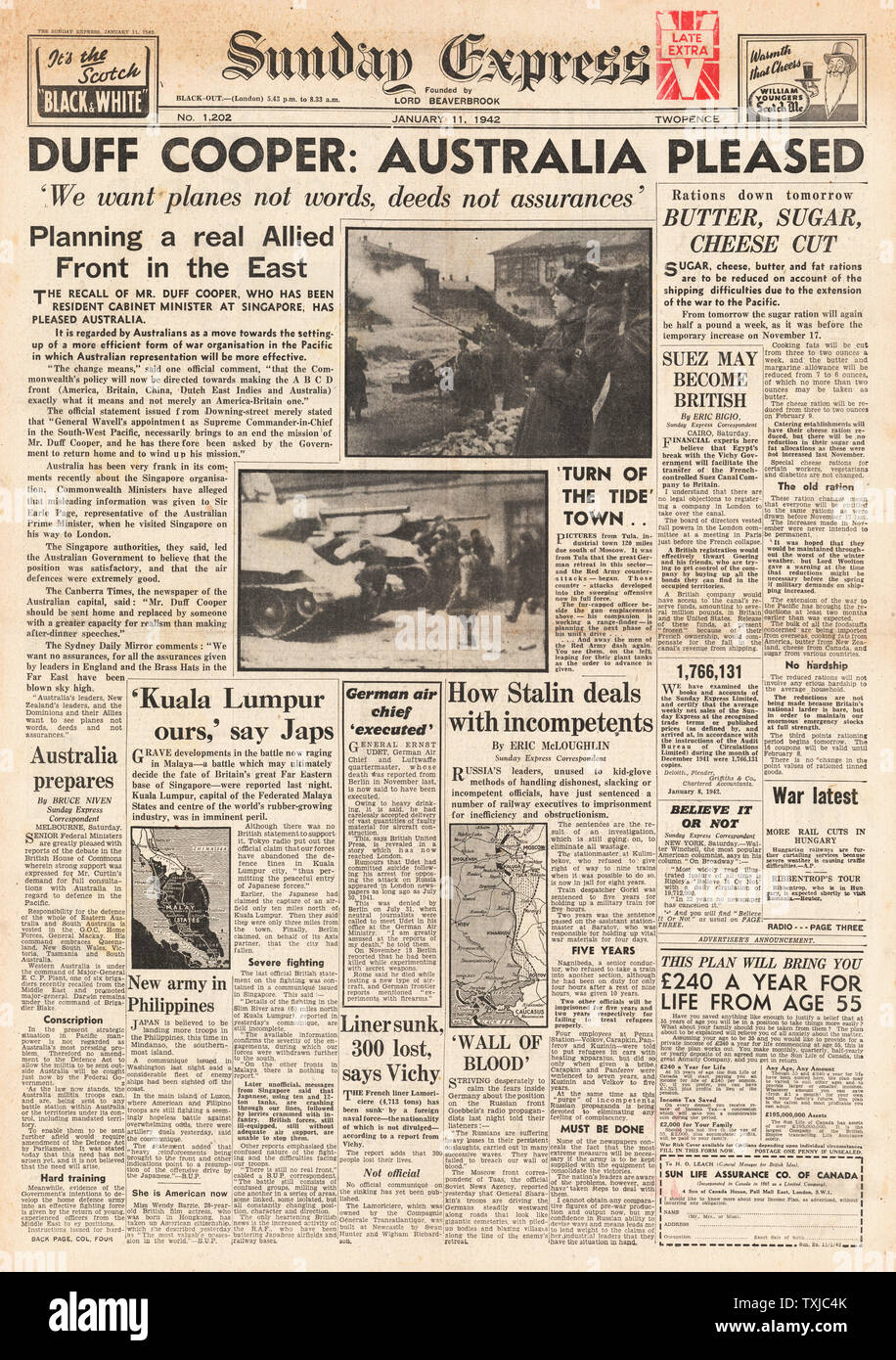 1942 front page Sunday Express British Government recall Duff Cooper ...