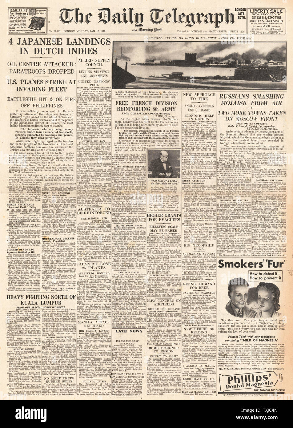 1942 front page Daily Telegraph Japanese Forces land in Dutch East ...