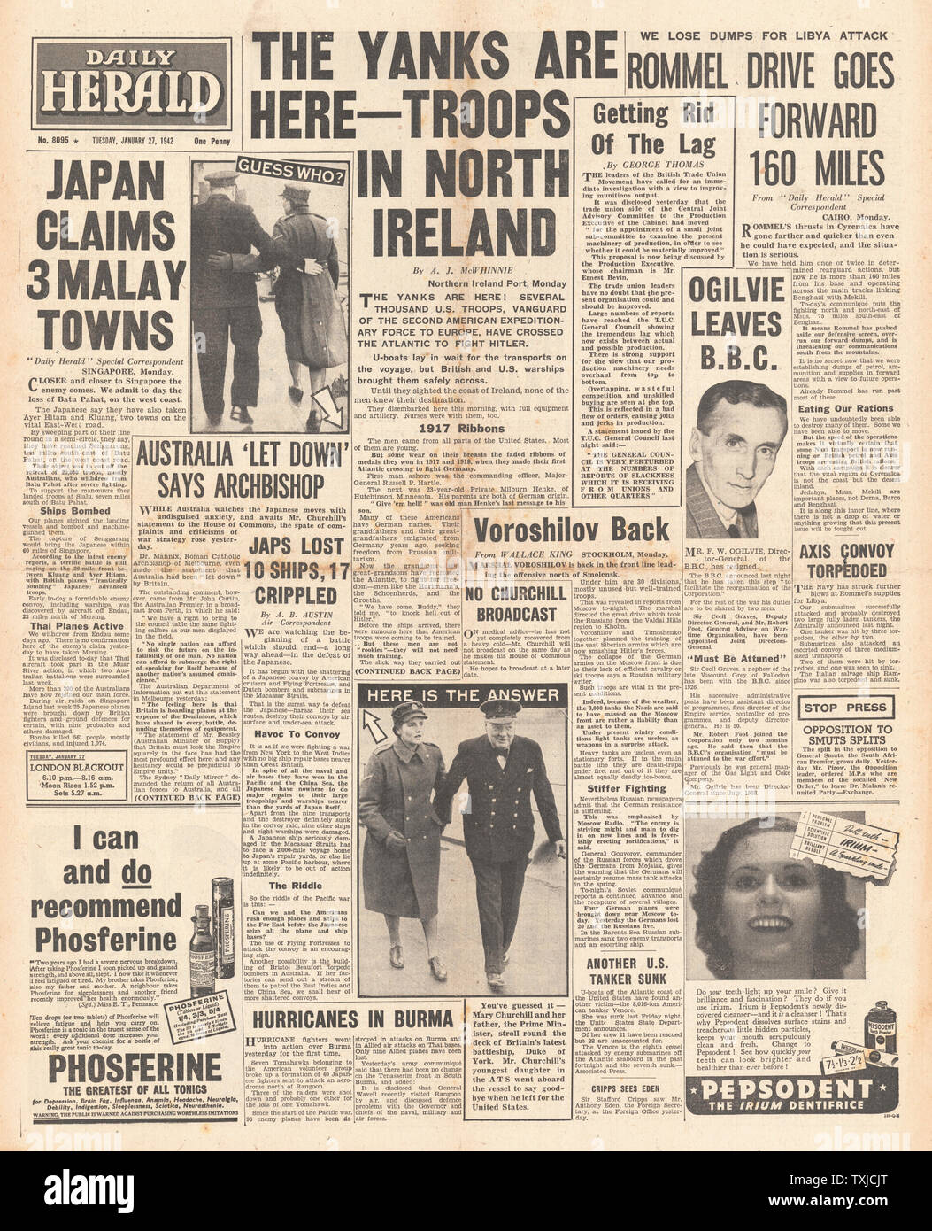 1942 front page Daily Herald American Forces land in Northern Ireland ...