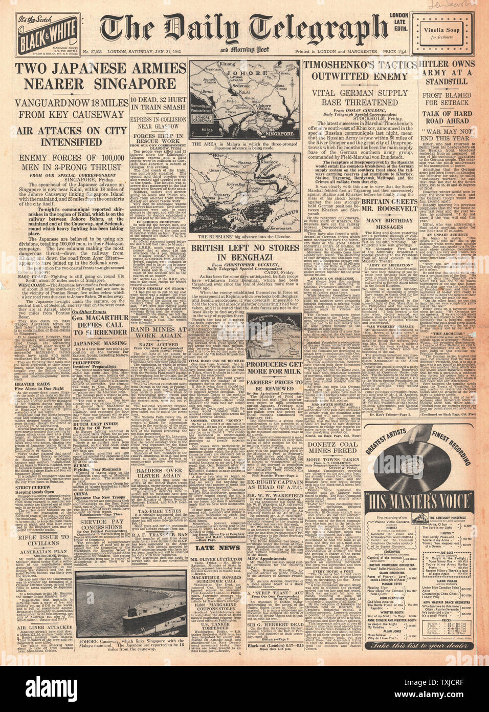 1942 front page Daily Telegraph Japanese Army advance on Singapore ...