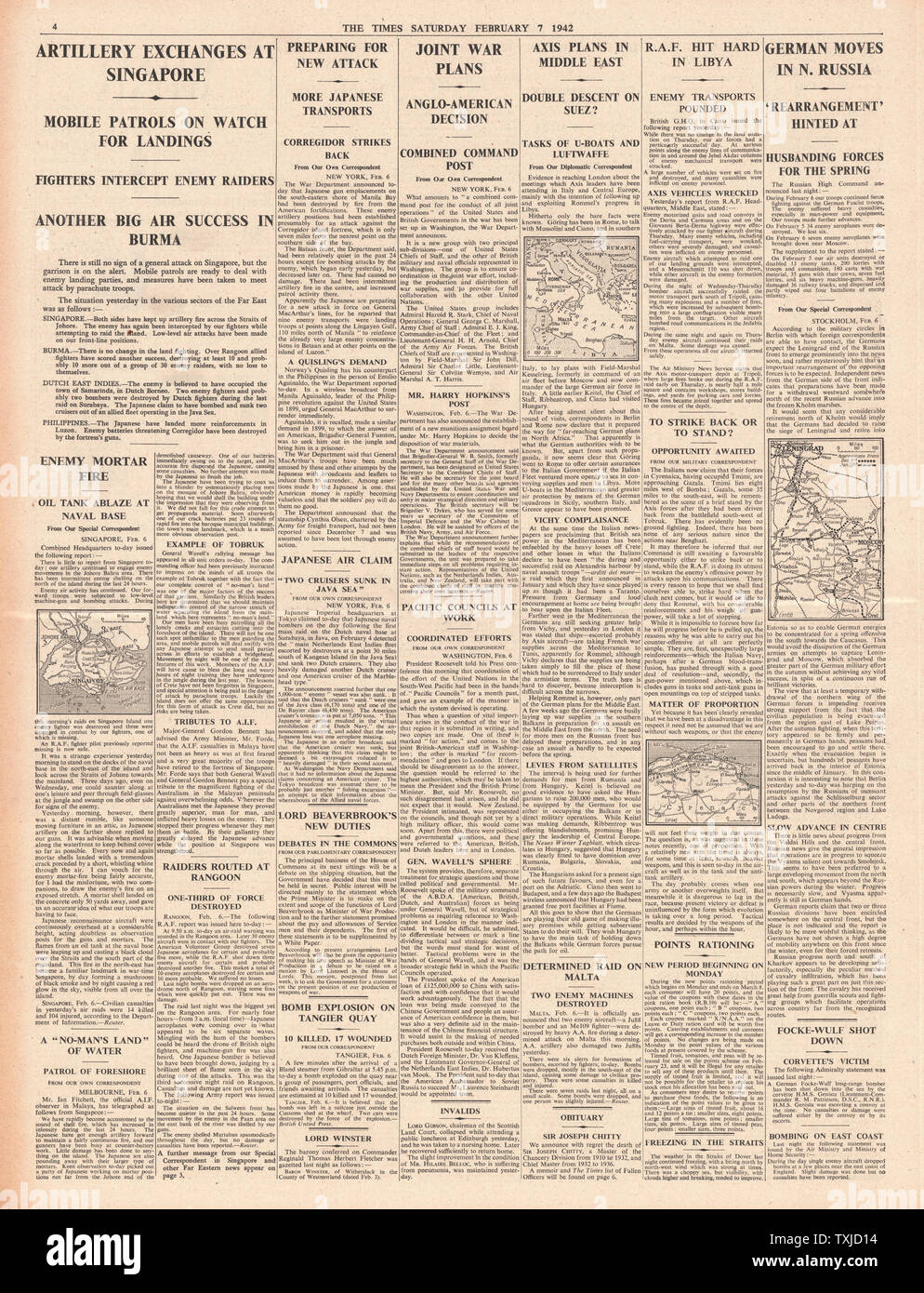 1942 front page The Times Battle of Singapore and RAF Bomb Libya Stock ...
