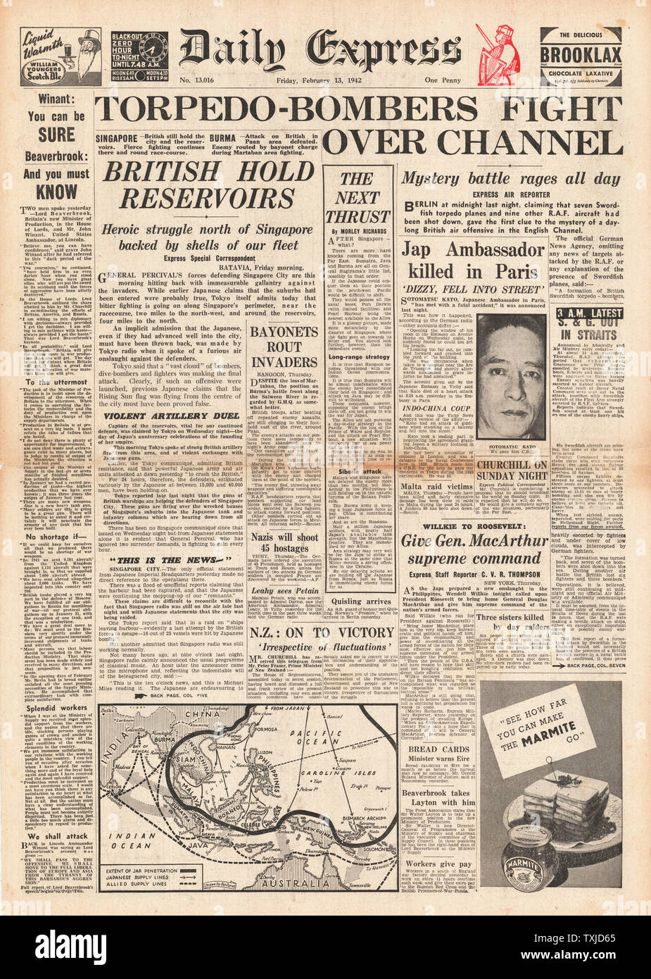 1942 front page Daily Express Battle of Singapore and Channel dash by ...