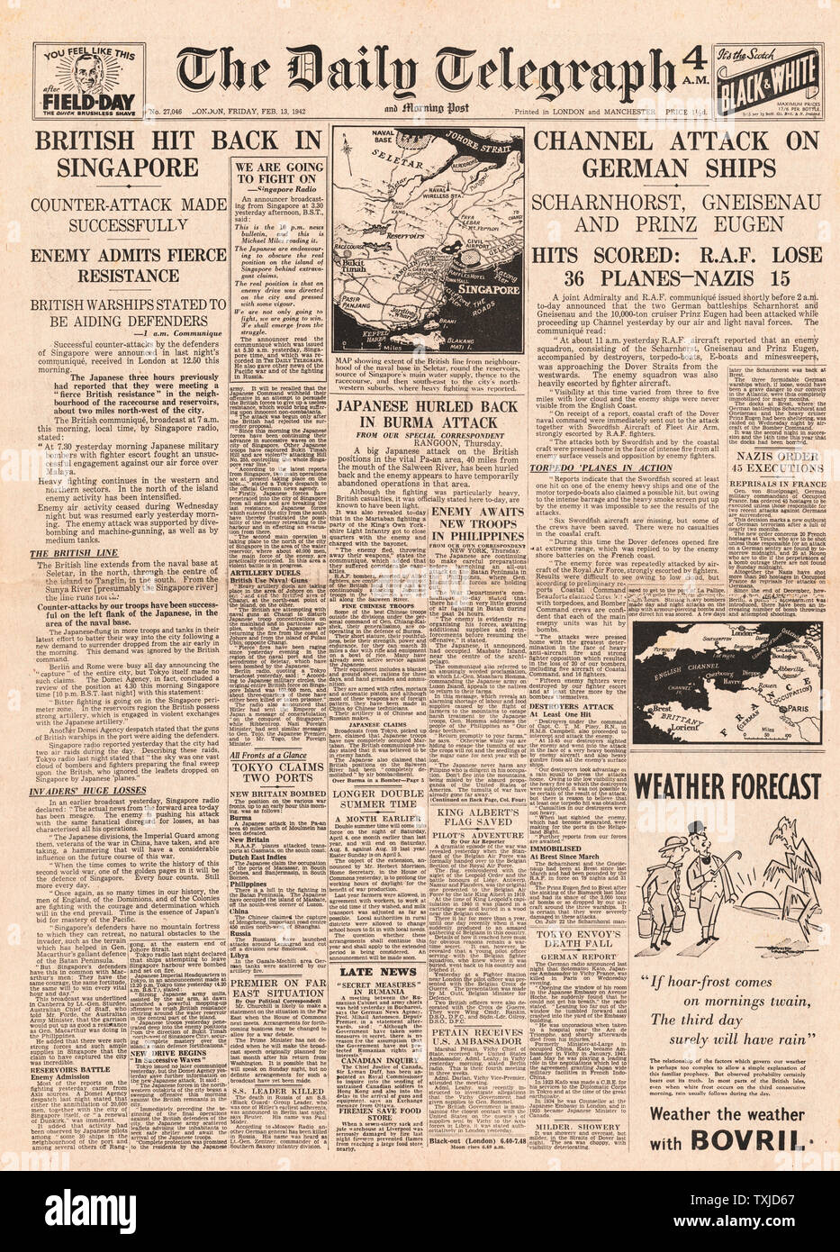1942 front page Daily Telegraph Battle of Singapore and Channel dash by ...