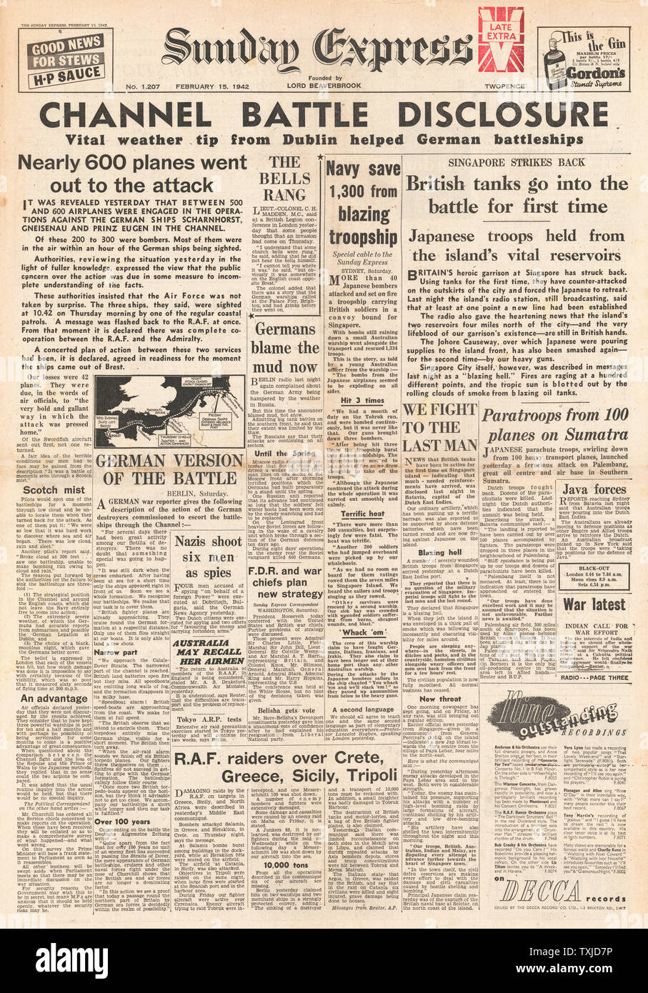 1942 front page Sunday Express Channel Dash by German Warships, Battle ...