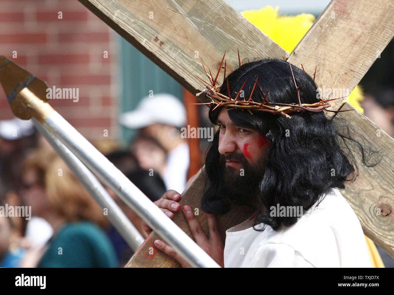Salvador Zavala as Jesus Christ carries the cross during the Via Crucis ...