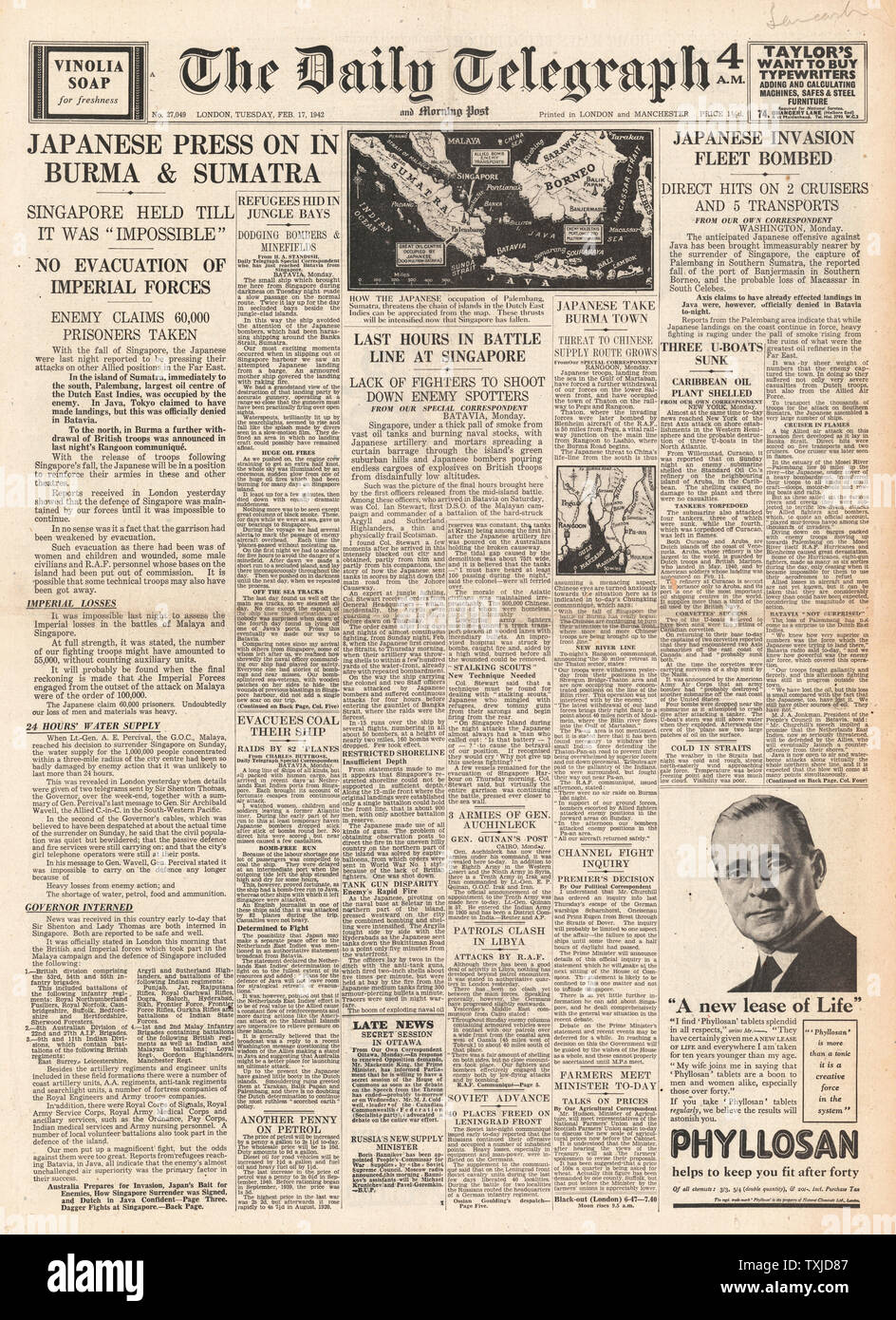 1942 front page Daily Telegraph Japanese Forces advance in Burma and ...