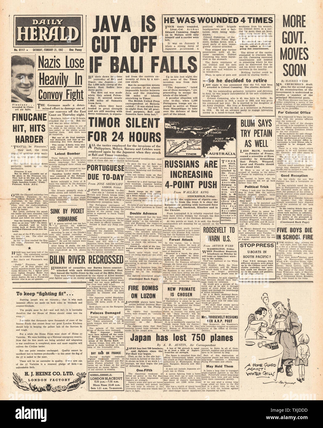 1942 front page Daily Herald Battle for Java and RAF attack German E ...