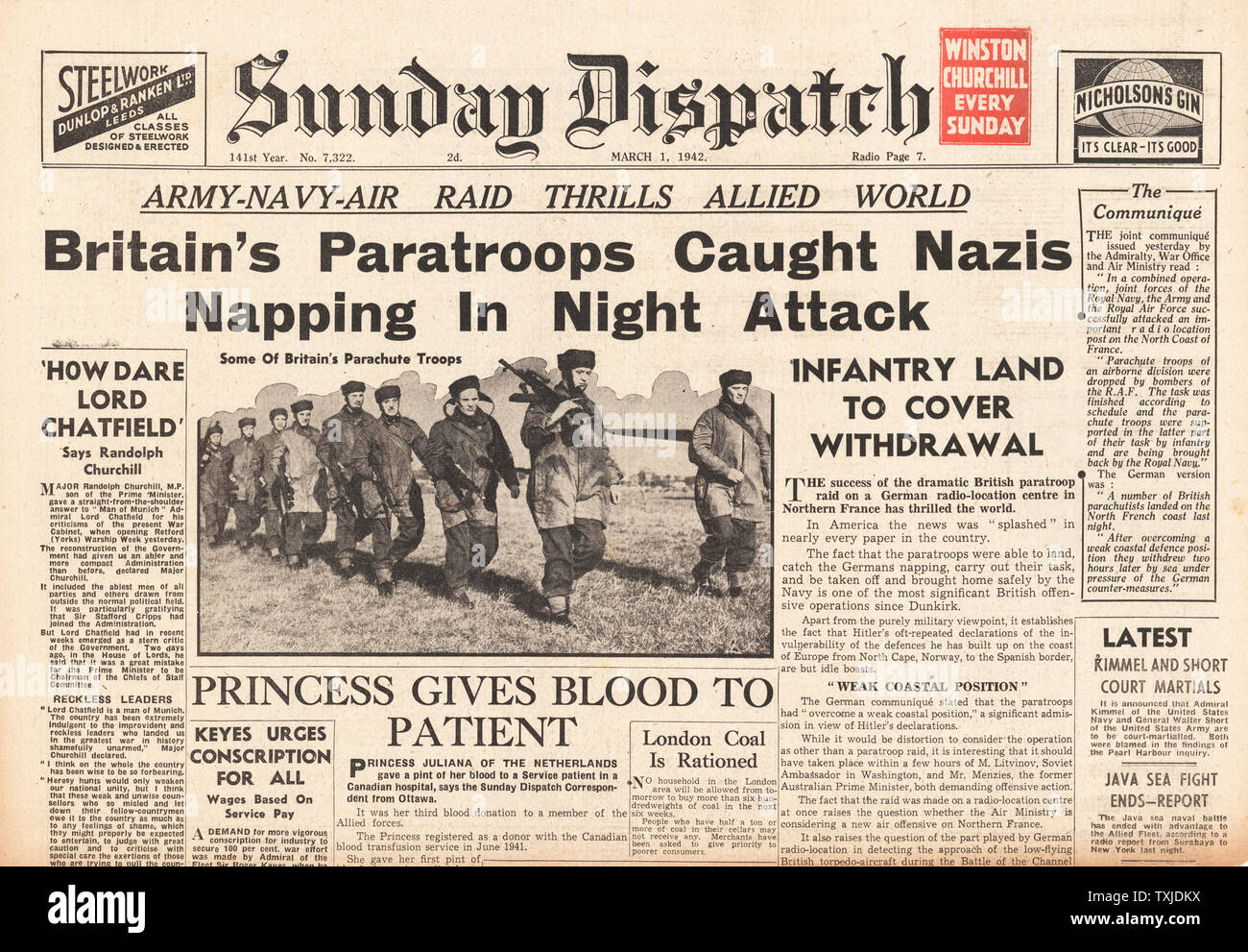 1942 front page Sunday Dispatch British Paratroopers raid France Stock ...