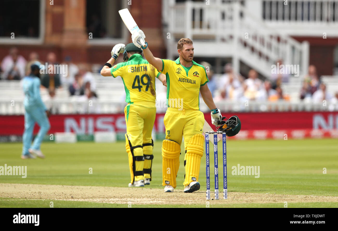 Australia's Aaron Finch celebrates reaching his century during the ICC ...