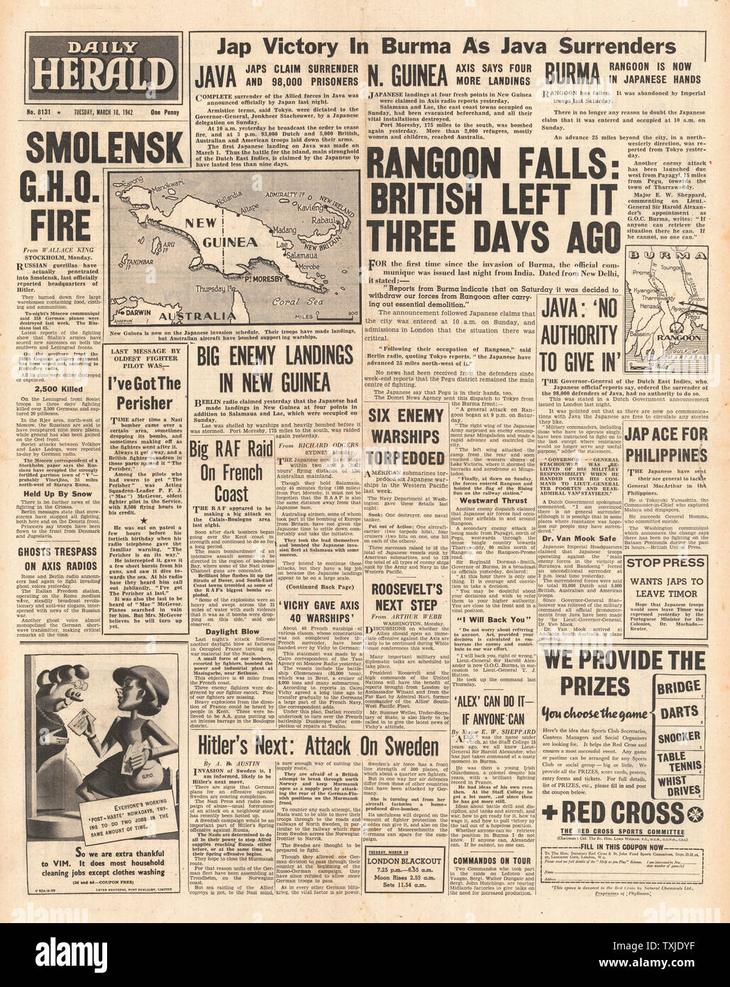 1942 front page Daily Herald Japanese Forces capture Rangoon and land ...