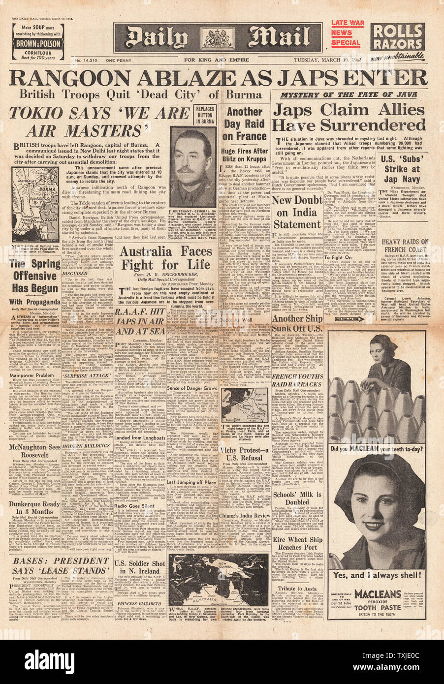 1942 front page Daily Mail Japanese Forces capture Rangoon and threaten ...