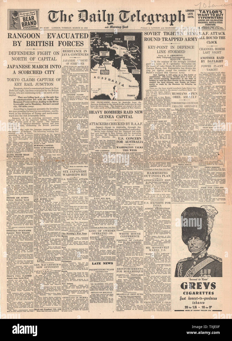 1942 front page Daily Telegraph Japanese Forces capture Rangoon Stock ...