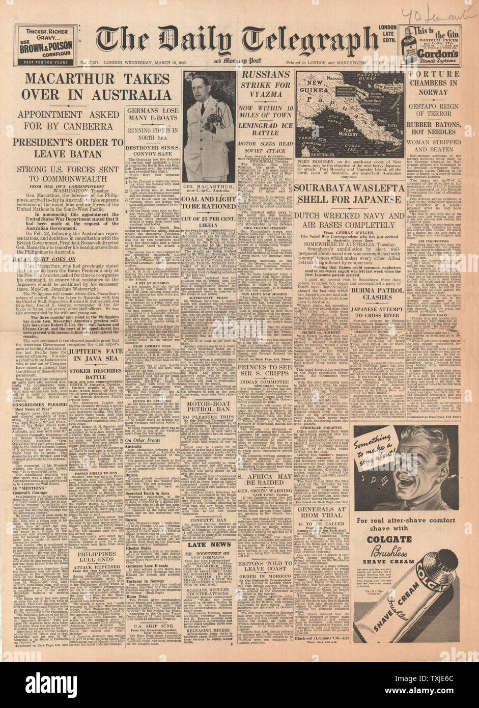 1942 front page Daily Telegraph General Douglas MacArthur appointed ...