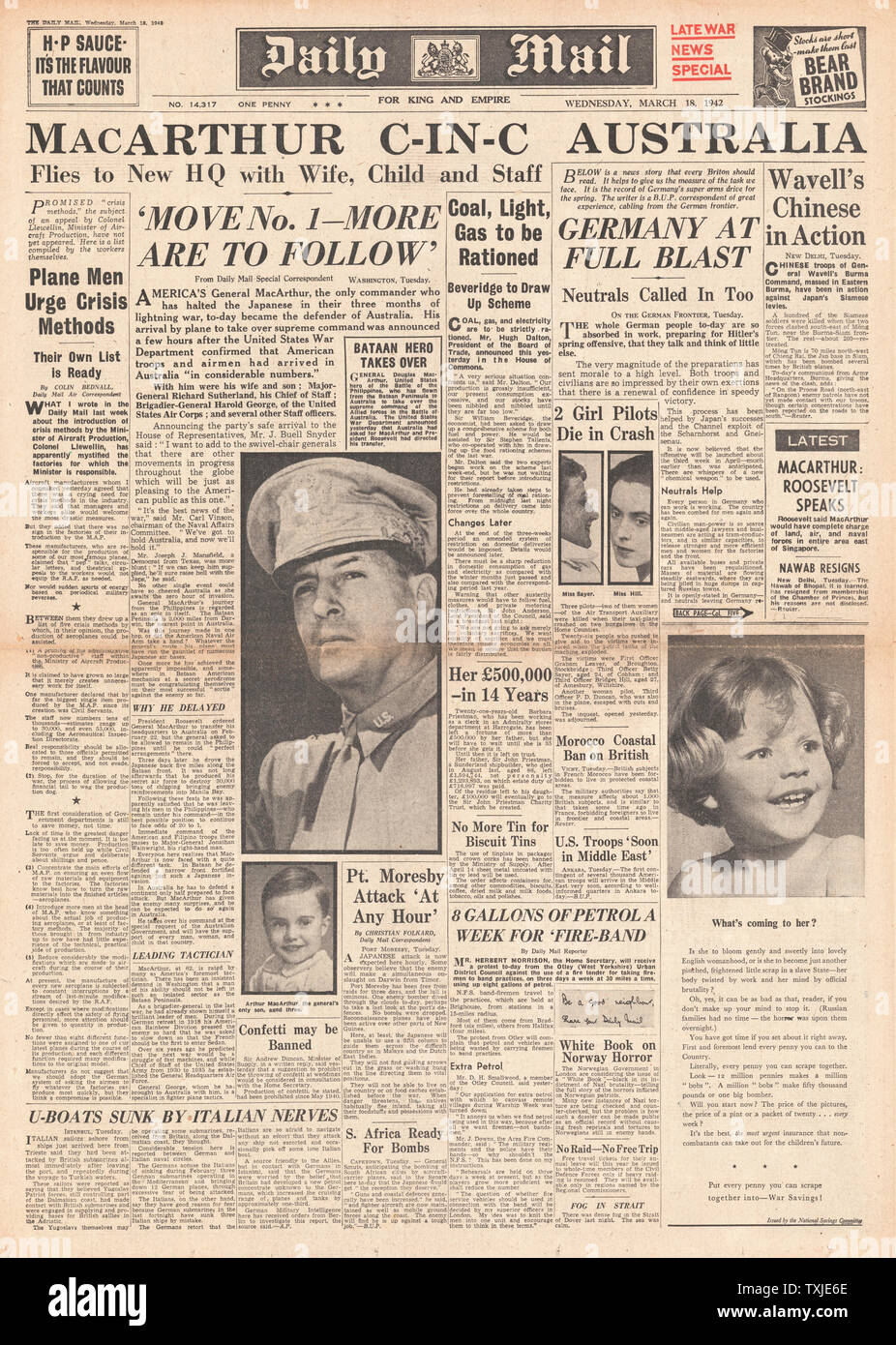 1942 front page Daily Mail General Douglas MacArthur appointed Supreme ...