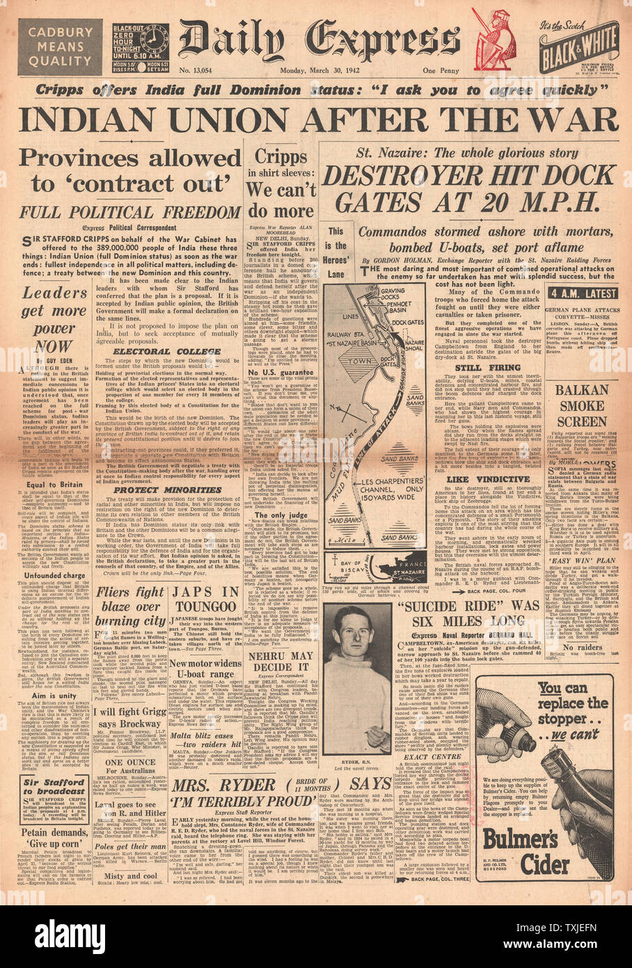 1942 front page Daily Express British Commando Raid on Docks at St ...