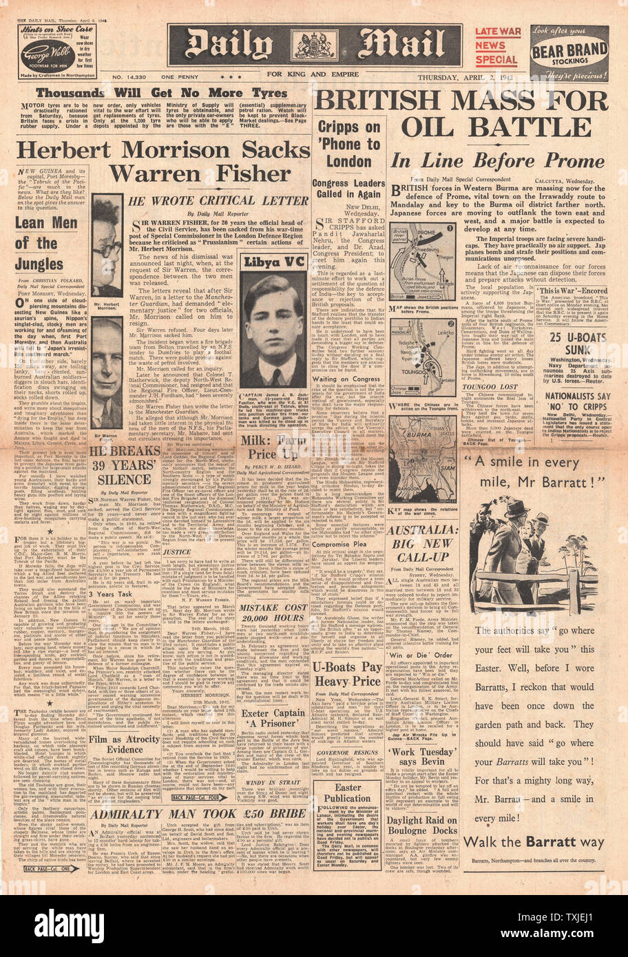1942 front page Daily Mail British Army Defend Prome and Burmese Oil ...
