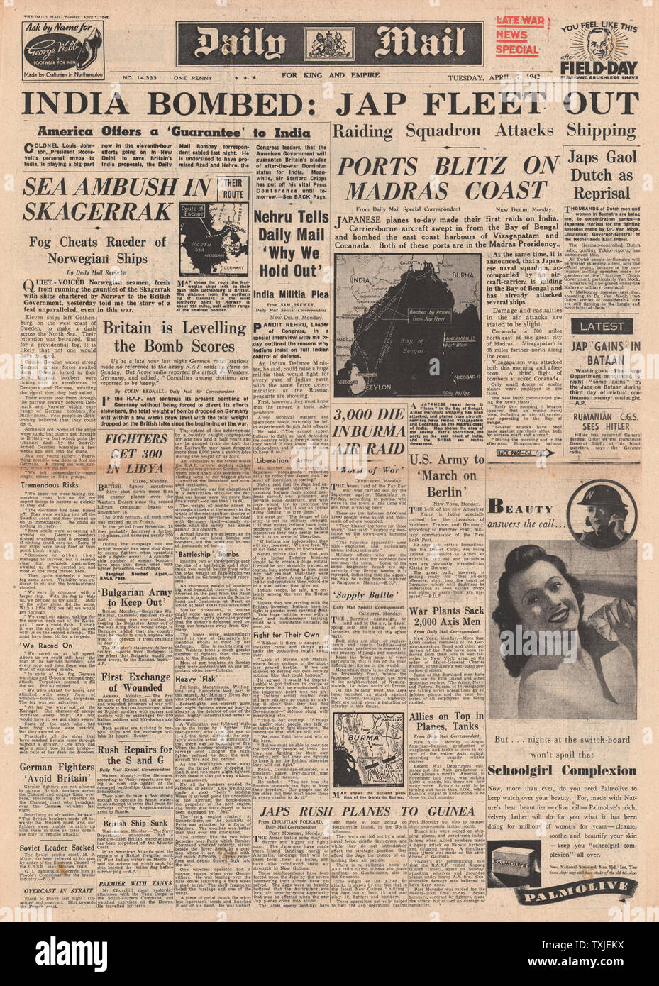1942 front page Daily Mail First Japanese Air Raid on India Stock Photo ...