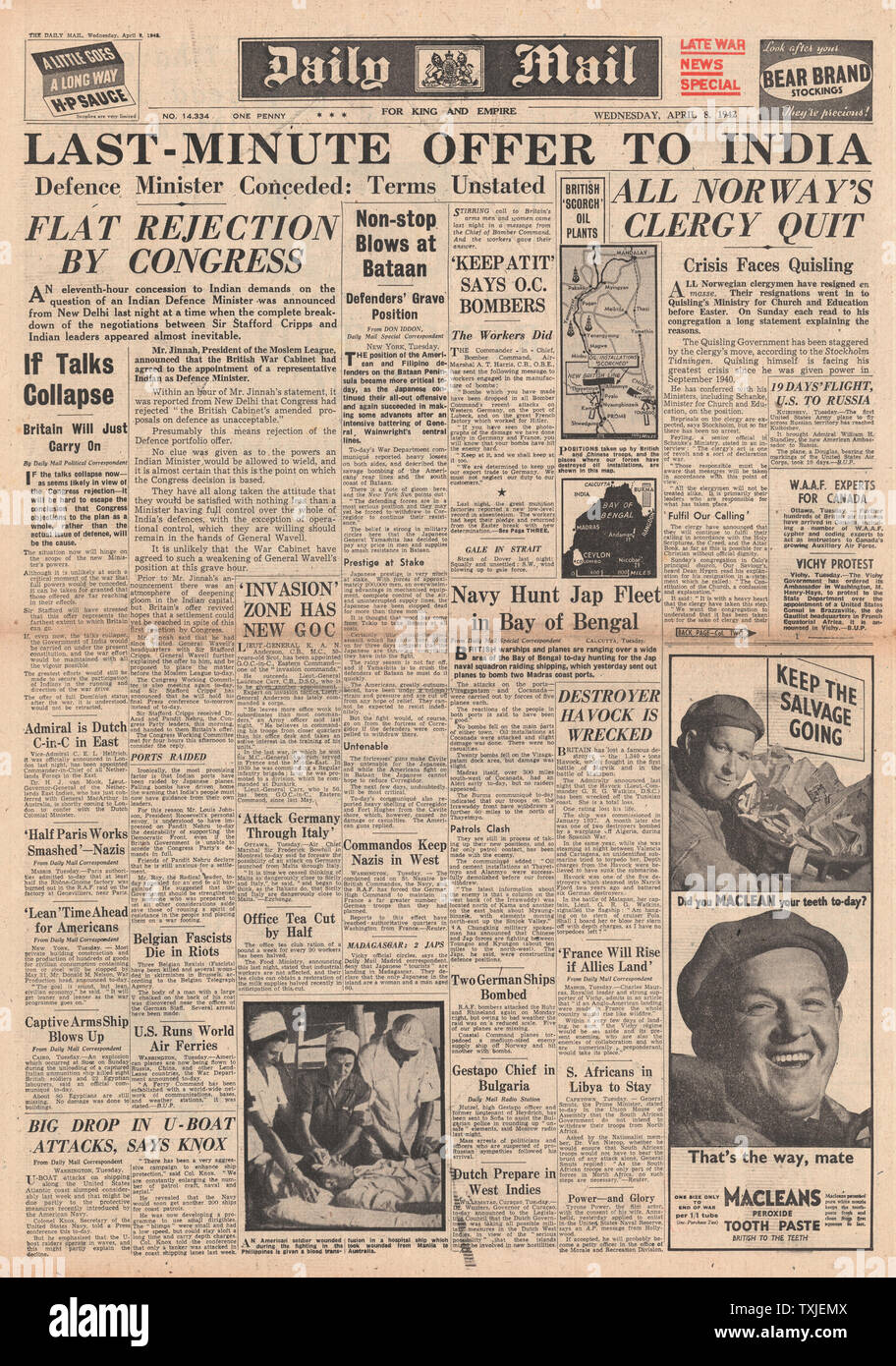 1942 front page Daily Mail Diplomatic Talks in India Stock Photo - Alamy