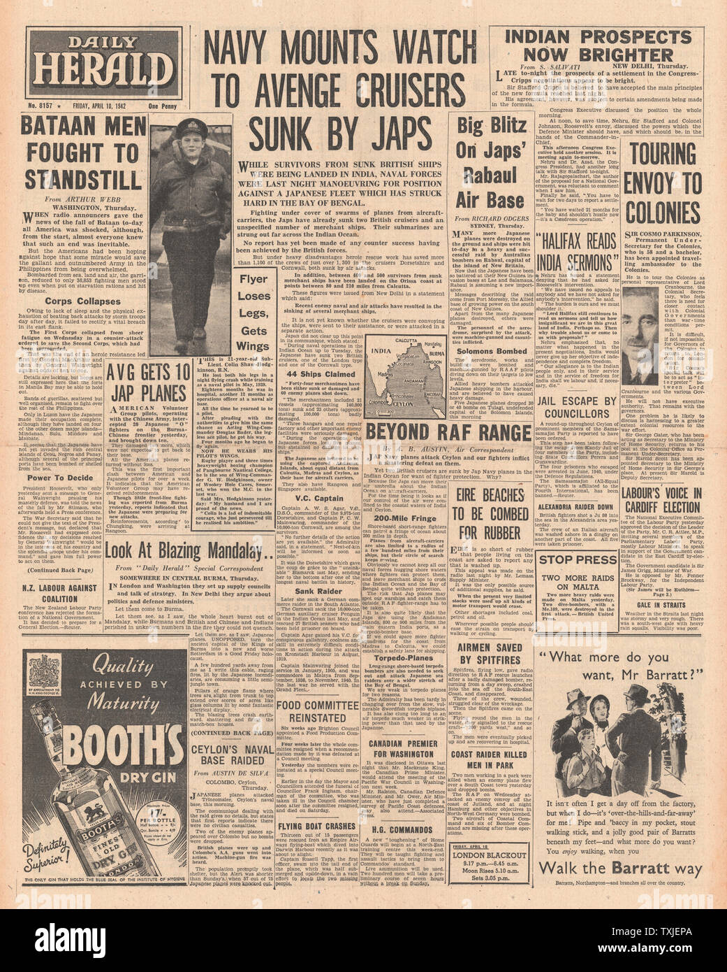 1942 front page Daily Herald Two Royal Navy Cruisers HMS Cornwall and ...