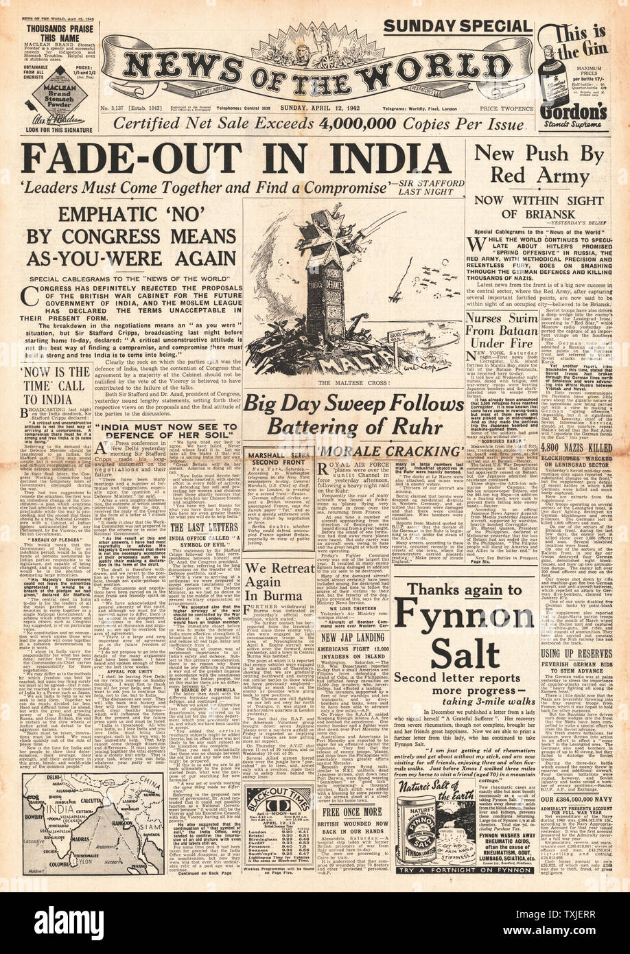 1942 front page News of the World Diplomatic Talks Fail in India and ...