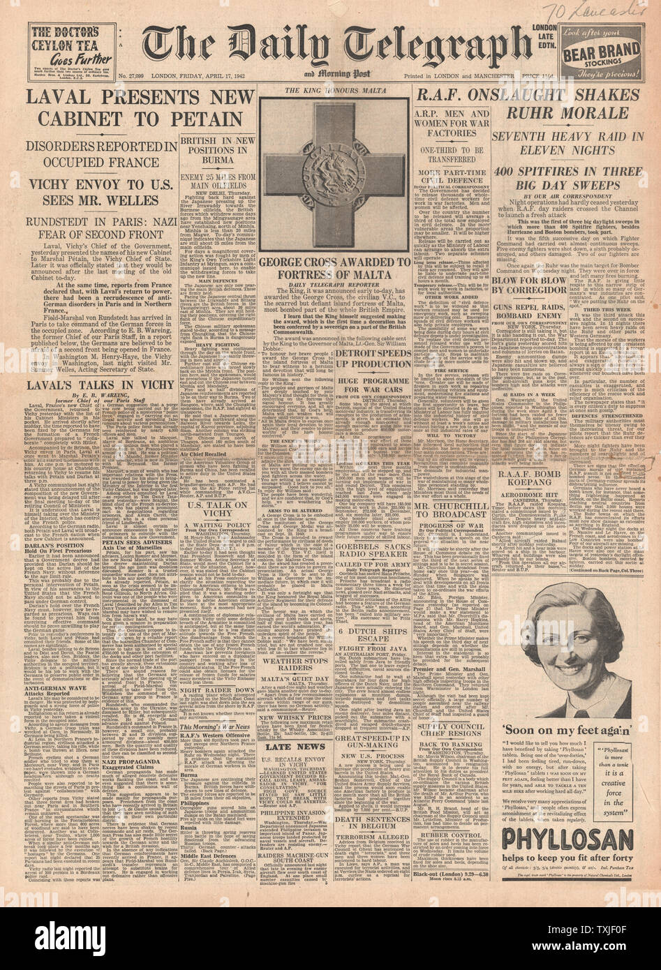 1942 front page Daily Telegraph Laval forms new Cabinet in France ...