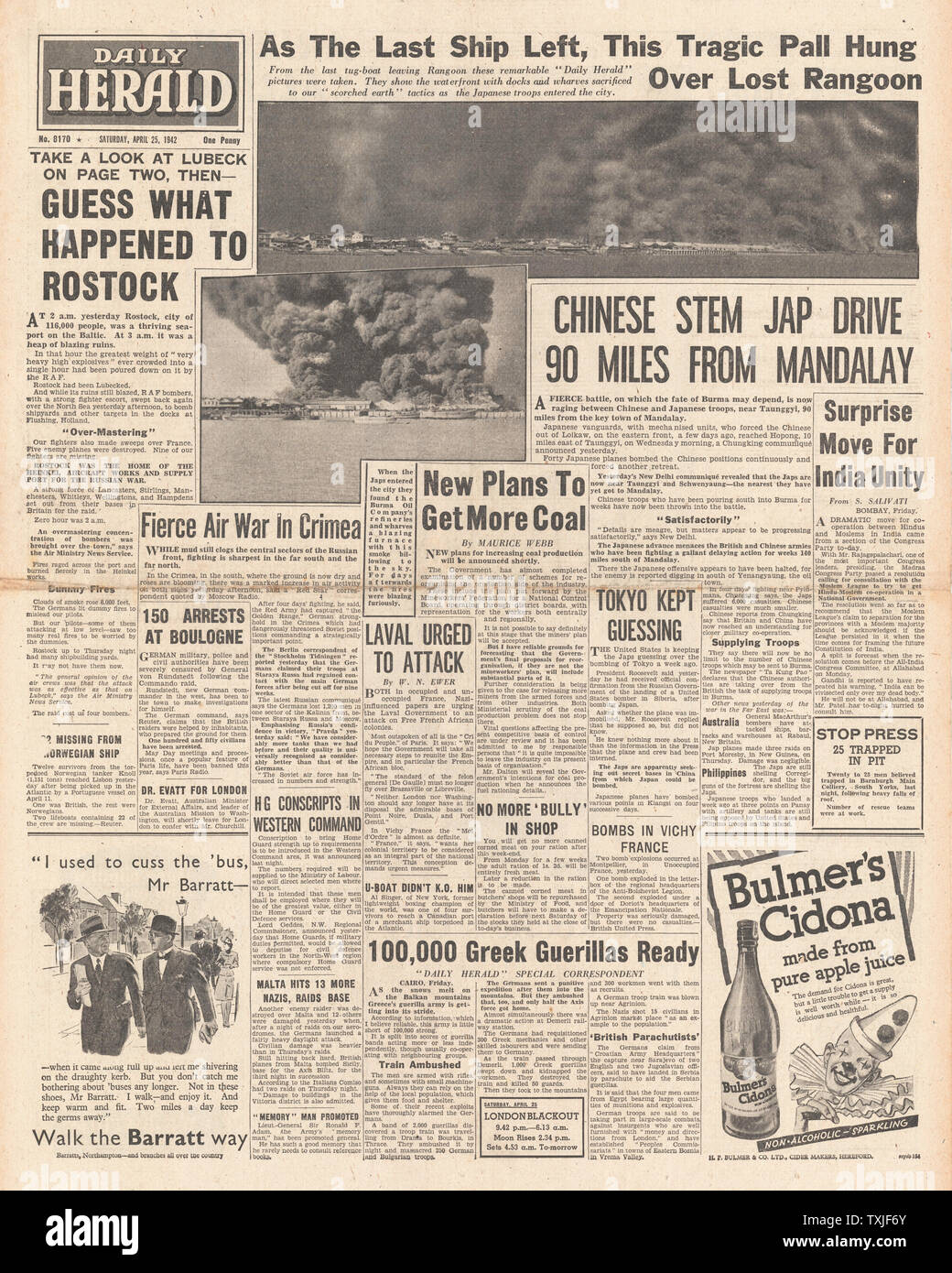 1942 front page Daily Herald Fall of Rangoon and Battle for Mandalay ...