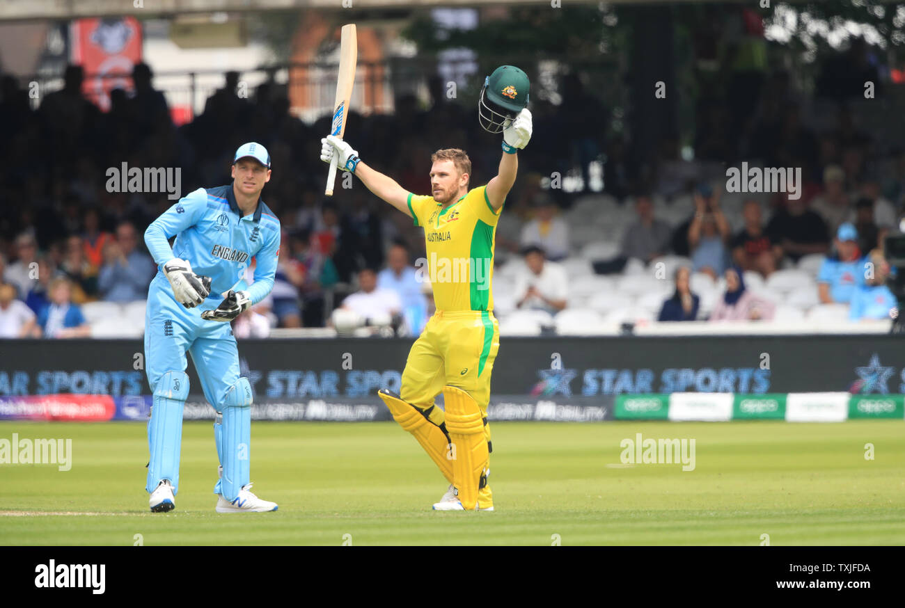 Australia's Aaron Finch celebrates reaching his century during the ICC ...
