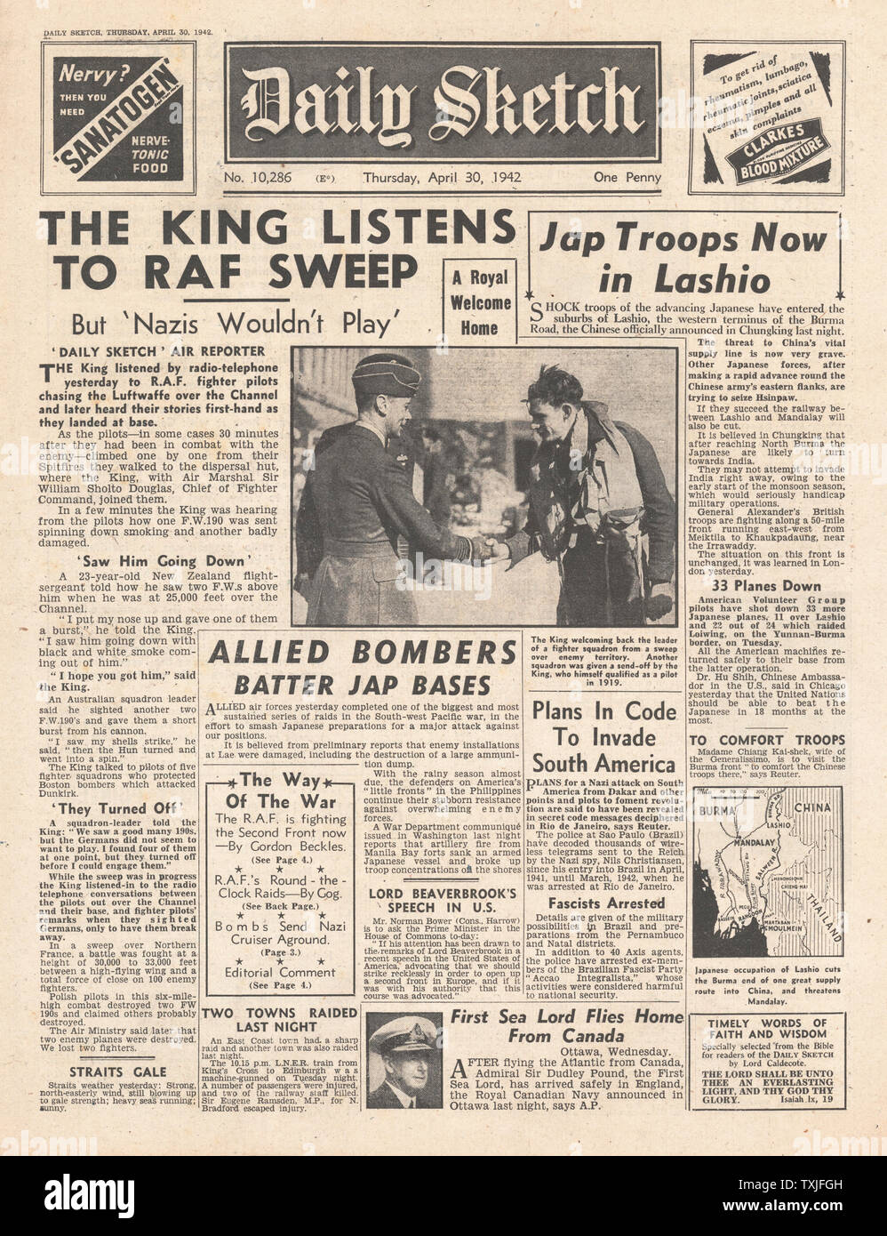 1942 front page Daily Sketch Japanese Forces Advance on Lashio and King ...