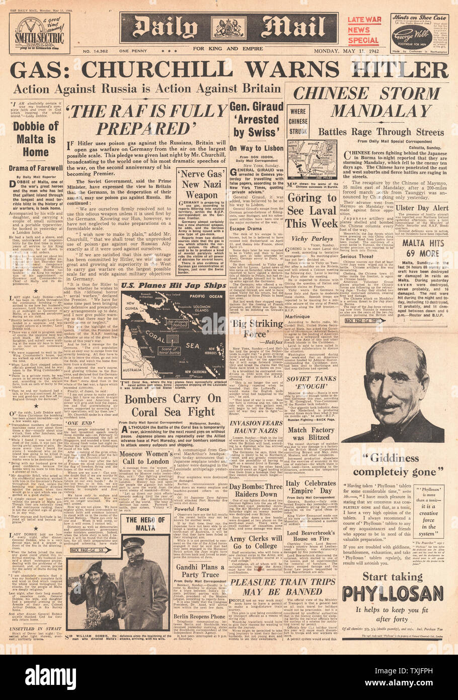 1942 front page Daily Mail Churchill warns Hitler over use of Gas in ...