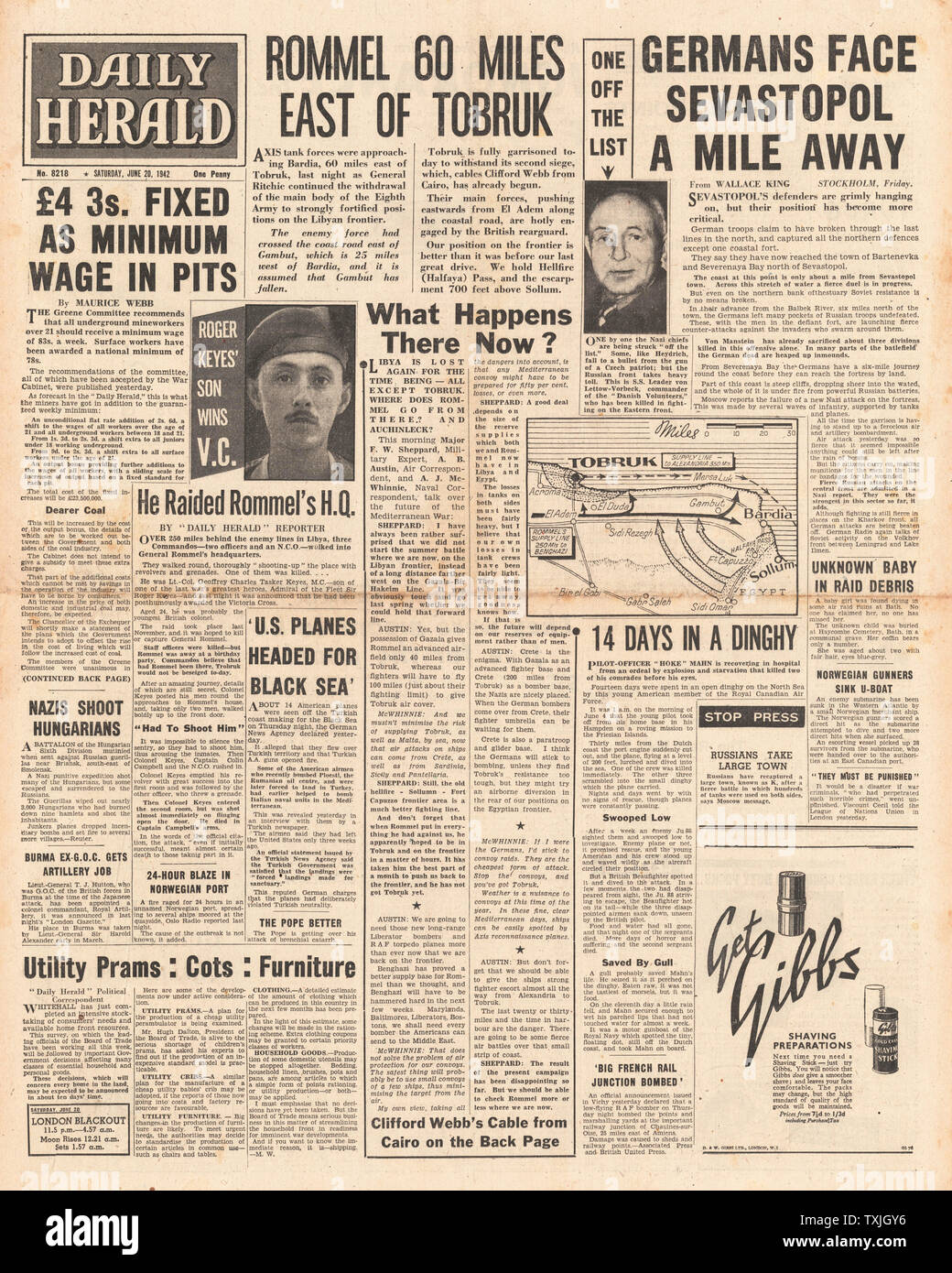 1942 front page Daily Herald Battle for Tobruk and Sebastapol and ...