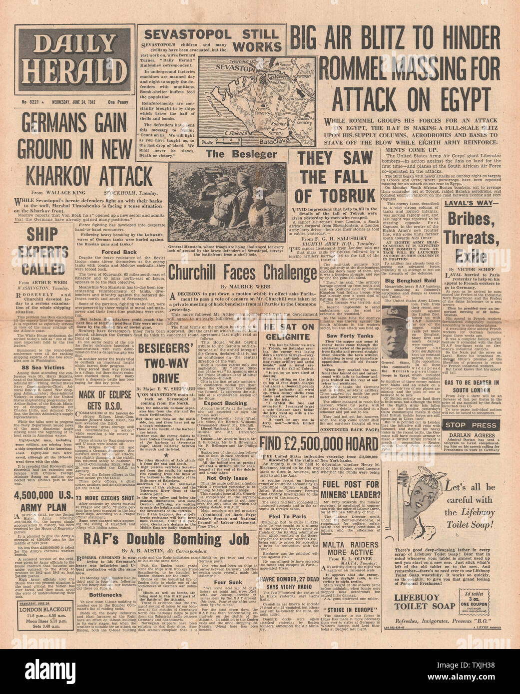1942 front page Daily Herald RAF Bomb Africa Corps, Fall of Tobruk and ...
