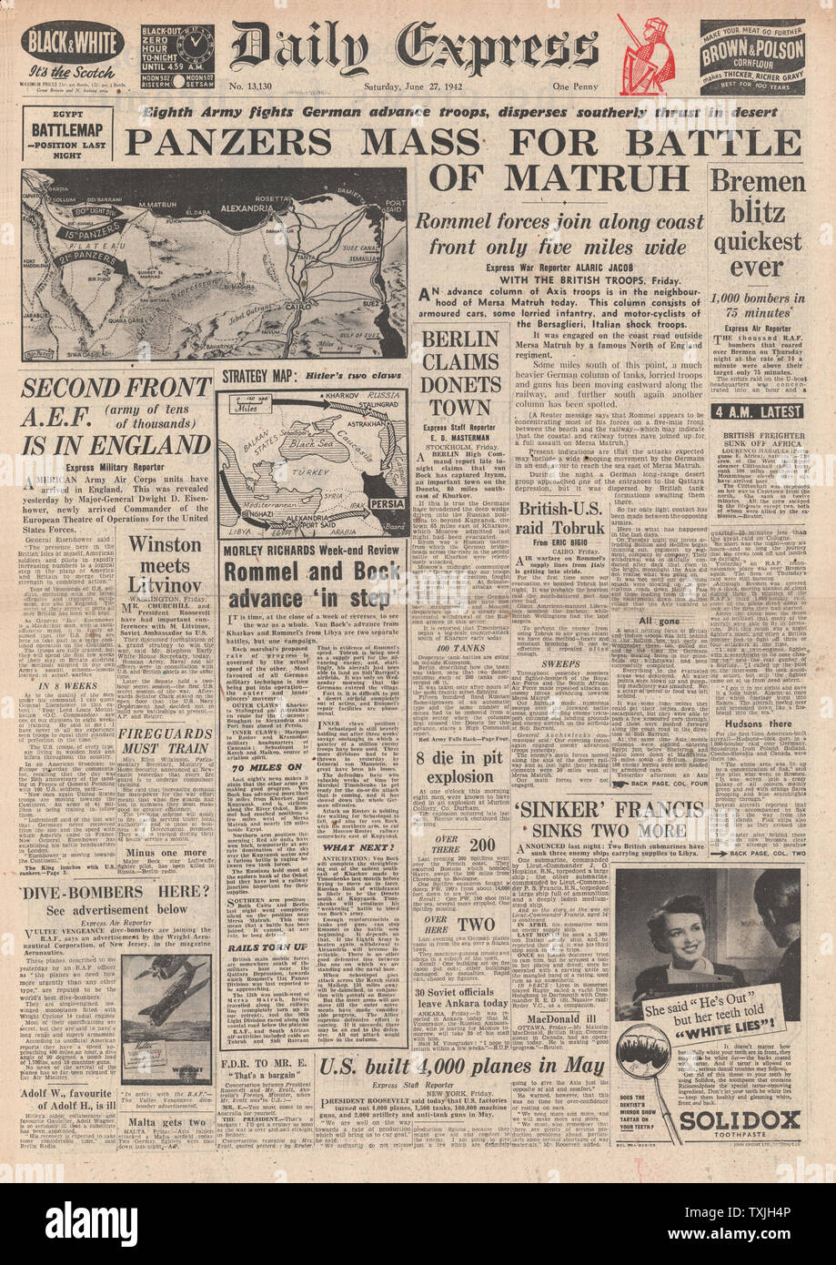 1942 front page Daily Express German Army advance into Egypt and mass ...