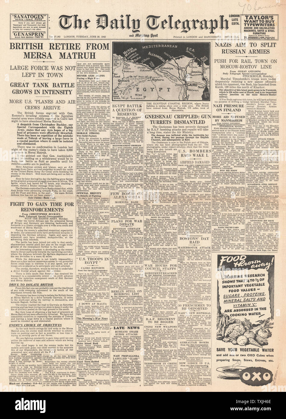 1942 front page Daily Telegraph Battle for Egypt and fall of Mersa ...