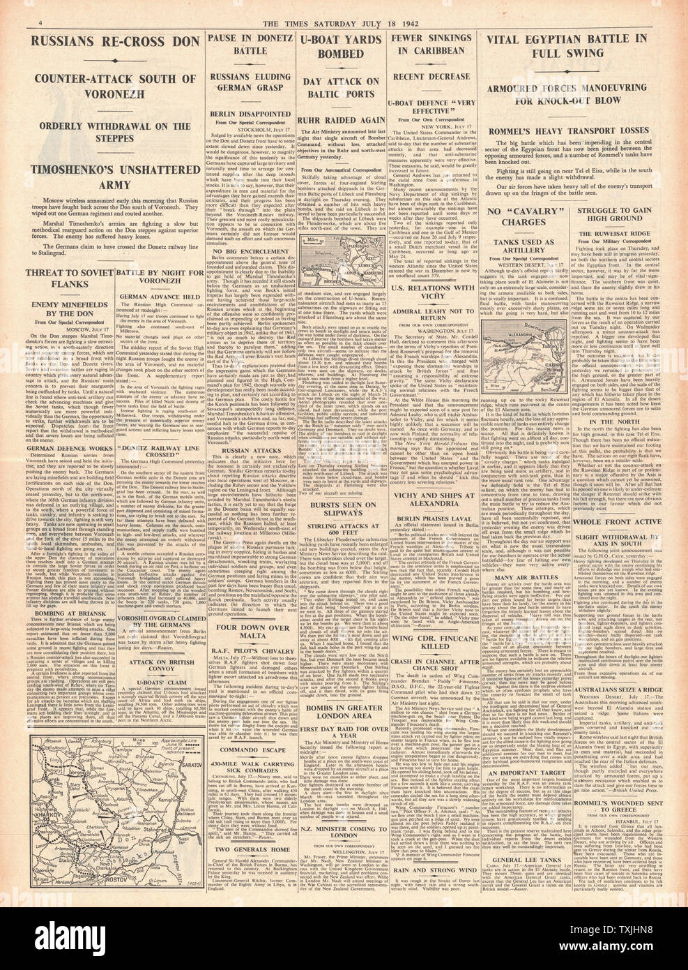 1942 page 4 The Times Battle for El Alamein and Voronezh, RAF bomb U ...