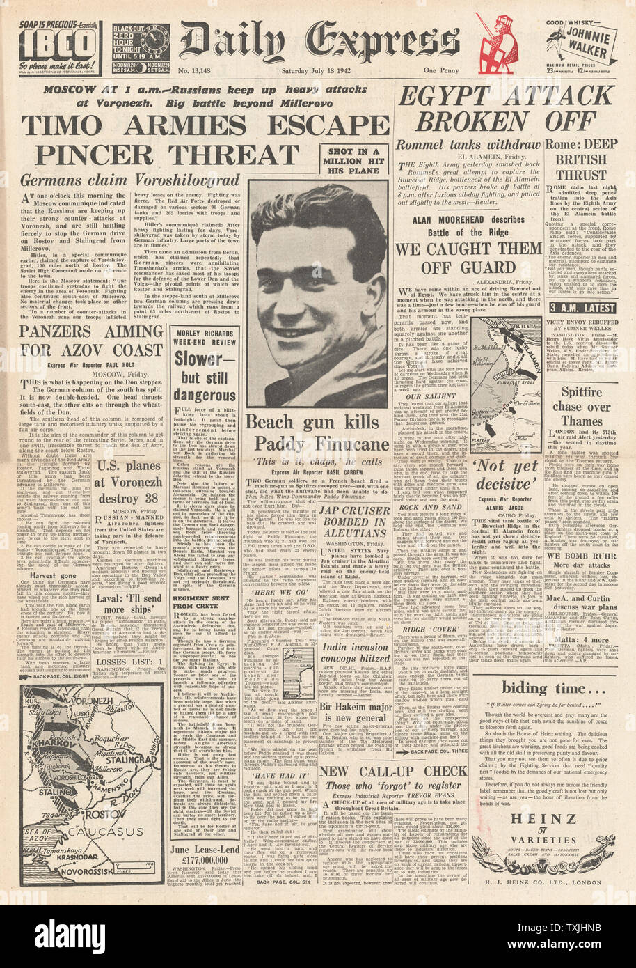 1942 front page Daily Express Battle for El Alamein and Voronezh and ...